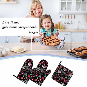 Samgula Day of The Dead Oven Mitts and Pot Holders Sets Cats Skeleton Bright Hearts Flowers Heat Resistant 3pcs for Cooking Baking BBQ