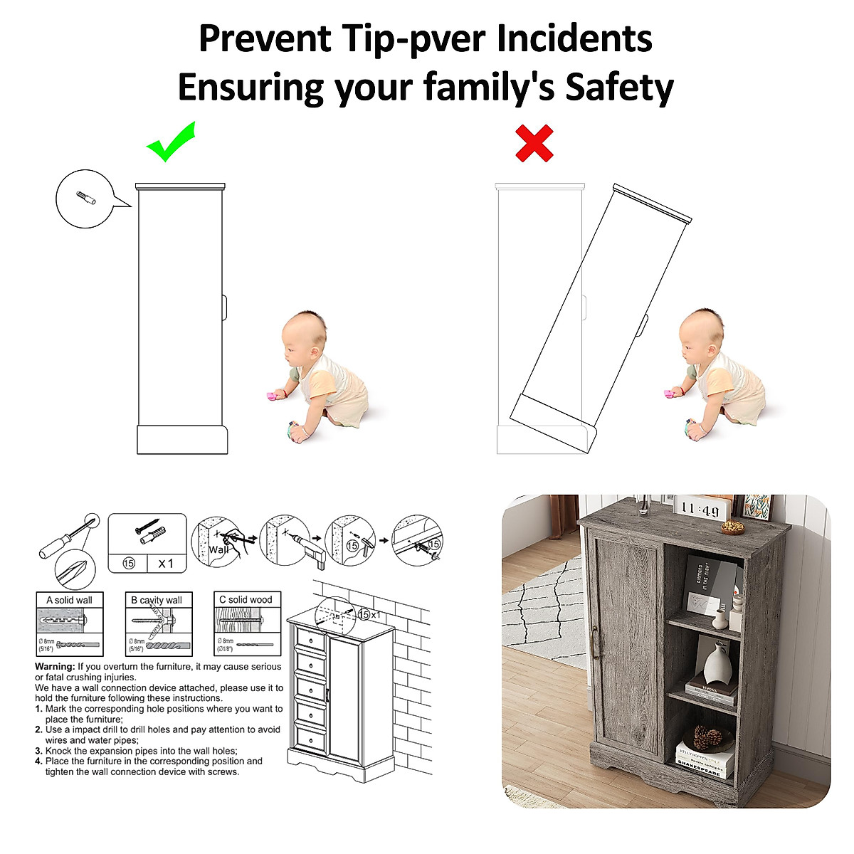 Vabches Farmhouse Dresser Storage Cabinet Chest of Drawer for Bedroom, 5 Drawer Dresser with Sliding Barn Door, 48" Tall Wood Rustic Dresser for Bedroom, Living Room, Entryway, Hallway, Washed Grey