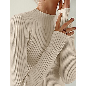 ZESICA Women's Fall Long Sleeve Turtleneck T Shirt Ribbed Knit Sweater Slim Fit Basic Casual Tee Tops,Almond,Medium