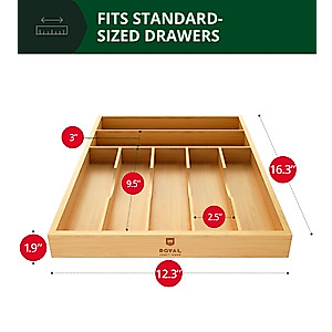 ROYAL CRAFT WOOD Luxury Bamboo Kitchen Drawer Organizer - Silverware Organizer and Cutlery Tray with Grooved Drawer Dividers for Flatware and Kitchen Utensils (7 Slot, Natural)