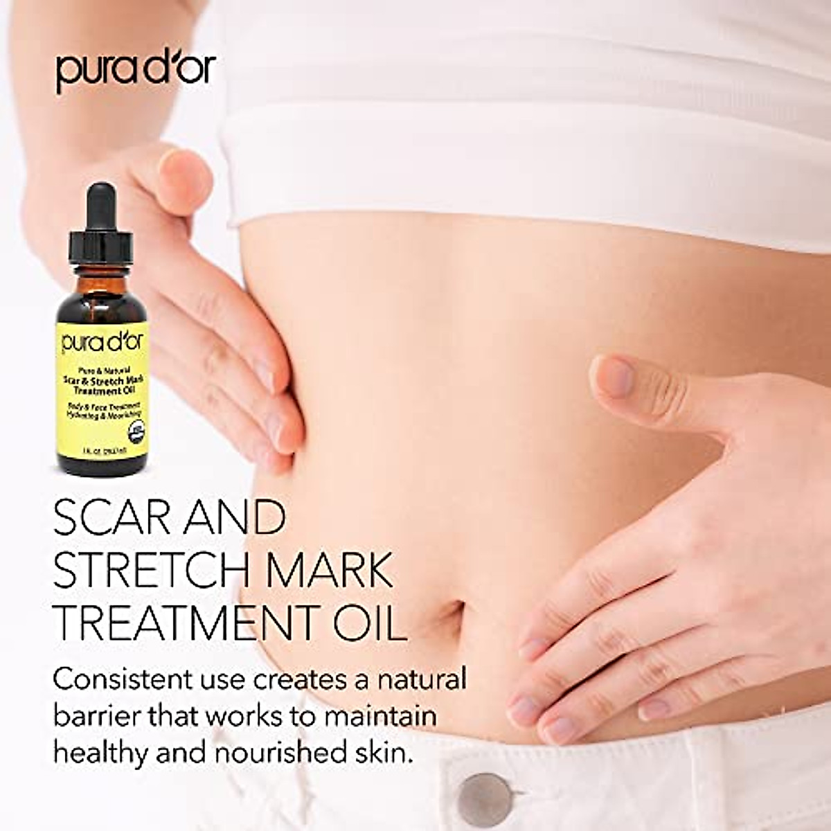 PURA D'OR Organic Scar & Stretch Mark Treatment Oil (1oz) For Skin - With Rosehip, Wheat Germ, Argan, Tamanu, Carrot, Rosemary, Lavender, Geranium, Patchouli, Sage