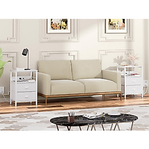 Furologee End Table with Charging Station, Nightstand with Fabric Drawers, Side Tables with USB Ports & Outlets, Night Stand with Storage Shelf & Hooks, for Living Room/Bedroom, White