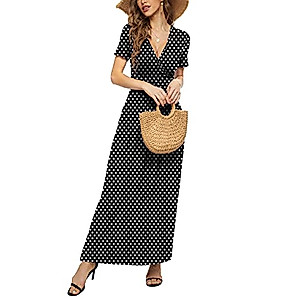 LILBETTER Women's Long Summer Dress Floral Maxi Short Sleeve Dresses with Pockets(F Black Polka Dot,X-Large)