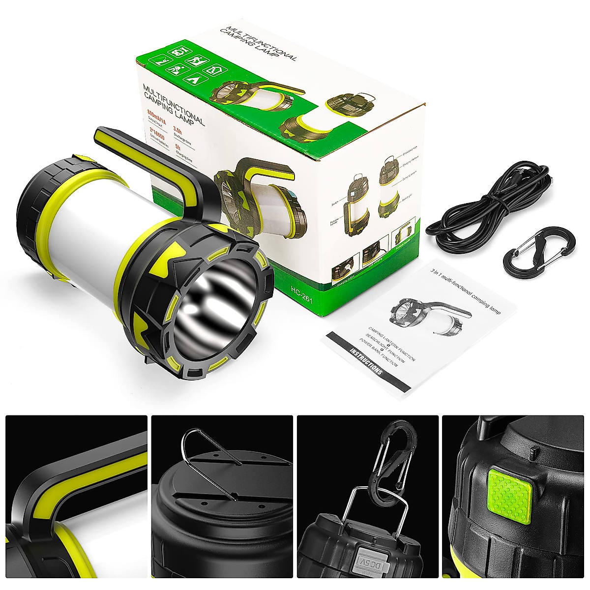 Bochaos Rechargeable Flashlights Camping Lantern, 6 Modes LED Bright Flashlight 3000mAh Battery, IPX4 Waterproof, Emergency Flashlight Lantern for Outdoor， Hurricane, USB Cable Included-2 Pack