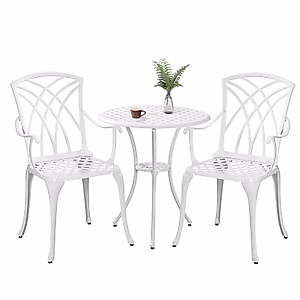 PATIO-IN 3 Piece Patio Set Cast Aluminum Patio Furniture Outdoor Bistro Table Set with Adjustable Foot Cap,Metal Bistro Table and Chair Set of 2 for Front Porch,Garden,White