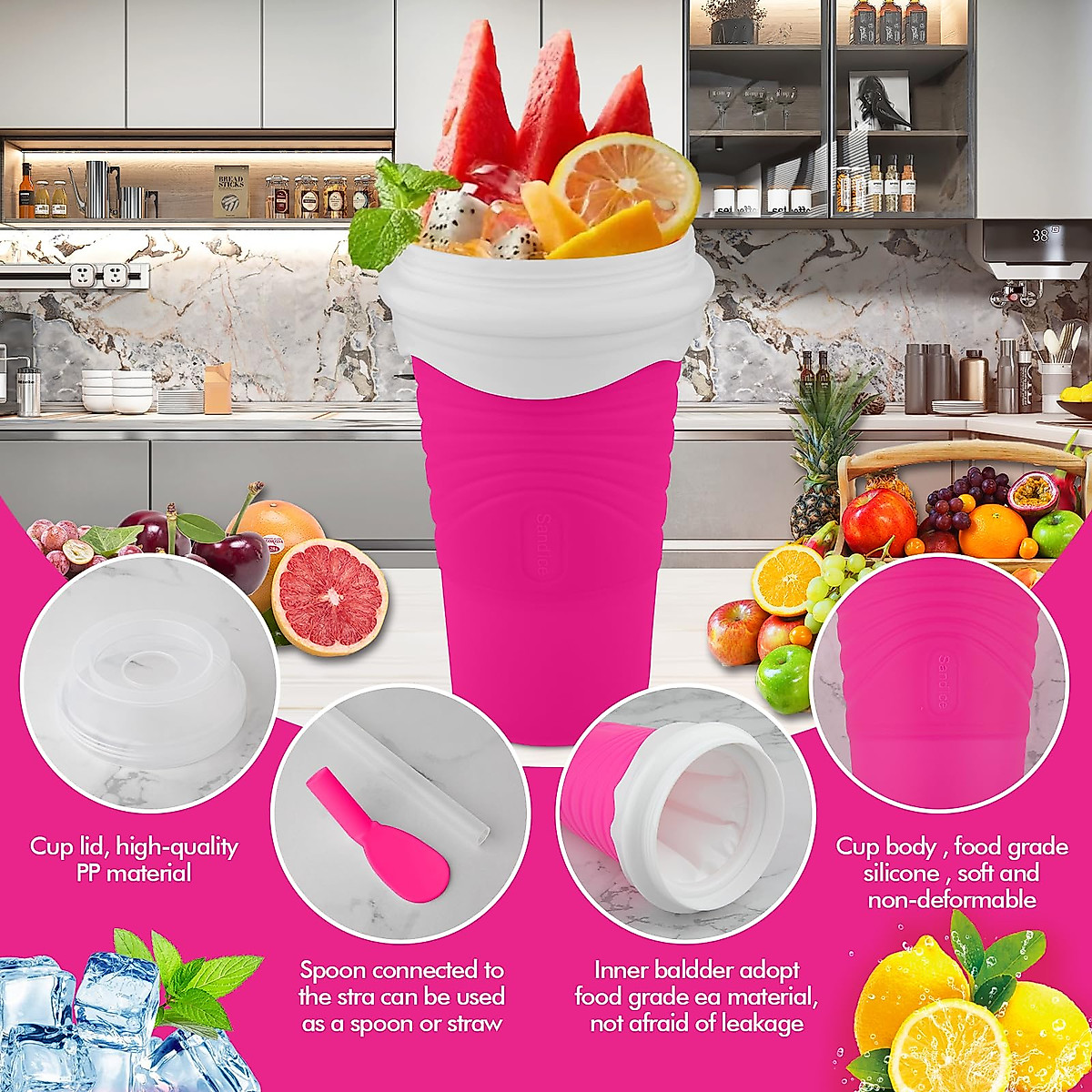 Slushie Maker Cup - DIY Magic Slushy Maker Squeeze Cup, Portable Smoothie Squeeze Cup for Juices, Milk and Ice Cream Make, Double Layers Silica Cup with Lid & Straw for Friends, Family Gifts (Pink)