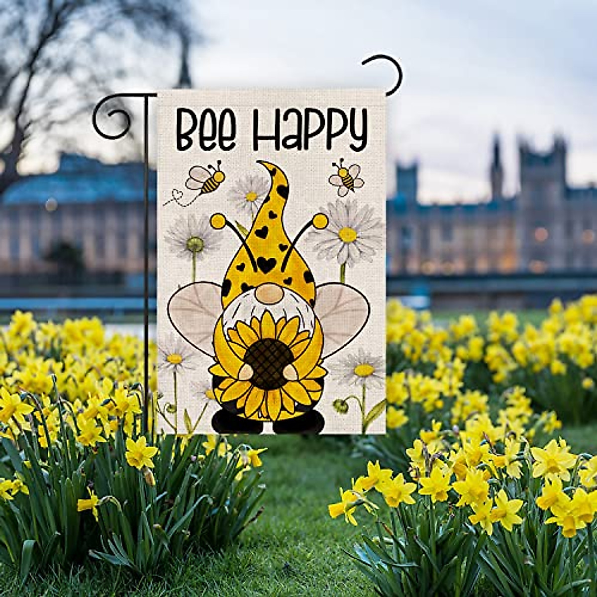 Texupday Bee Happy Gnome With Sunflower Daisy Decoration Double Sided Burlap Garden Flag Spring Summer Seasonal Outdoor Yard Flag 12" x 18"