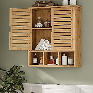 FORABAMB Bathroom Wall Cabinet Wood Medicine Cabinets with 2 Doors & Adjustable Shelves Over The Toilet Storage Cabinet with 3 Compartments Wall Mounted Storage Organizer for Kitchen Laundry Room