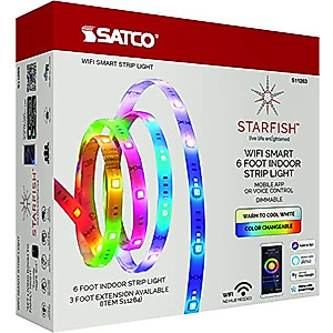 Satco Starfish S11263 WiFi Smart LED 6 Foot Color Changing Indoor Tape Light Strip, Works with Siri, Alexa, Google Assistant, SmartThings, 20 Watt, 120 Volt, 1600 Lumens