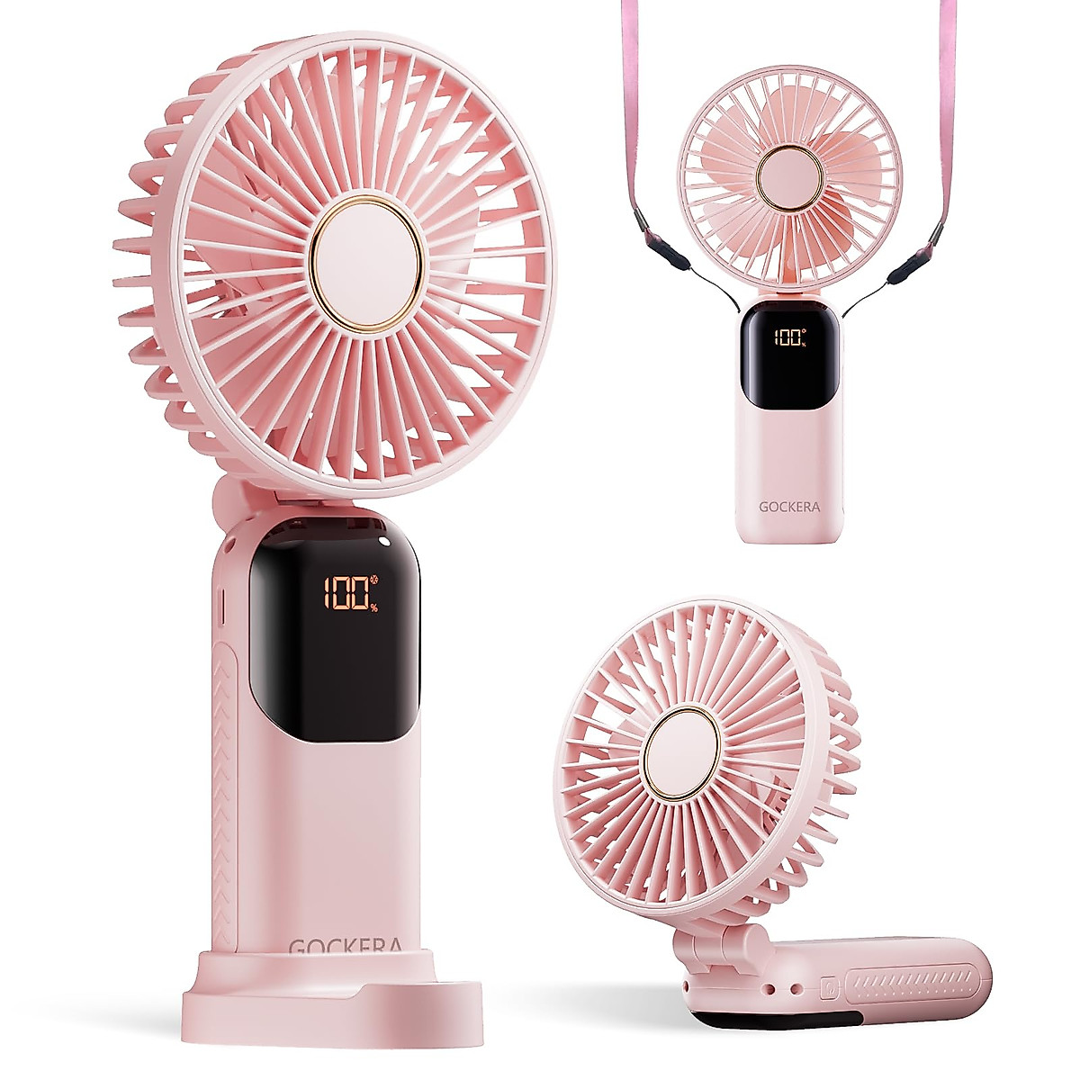 GOCKERA Portable Fan, 4200mAh Battery Operated Fan, 5 Speeds&Digital Display, 180° Foldable Makeup Fan for Women with Base, Handheld/Neck/Desk 3in1 Fan for Outdoor Indoor,Ultra Quiet (Pink)