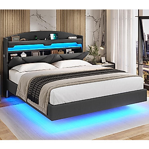 ADORNEVE Queen Floating Bed Frame with USB-C/A Charging Station, LED Bed Frame with Storage Headboard, Upholstered Platform Queen Bed with Shelves, Hidden Storage, Stable Structure,Dark Grey