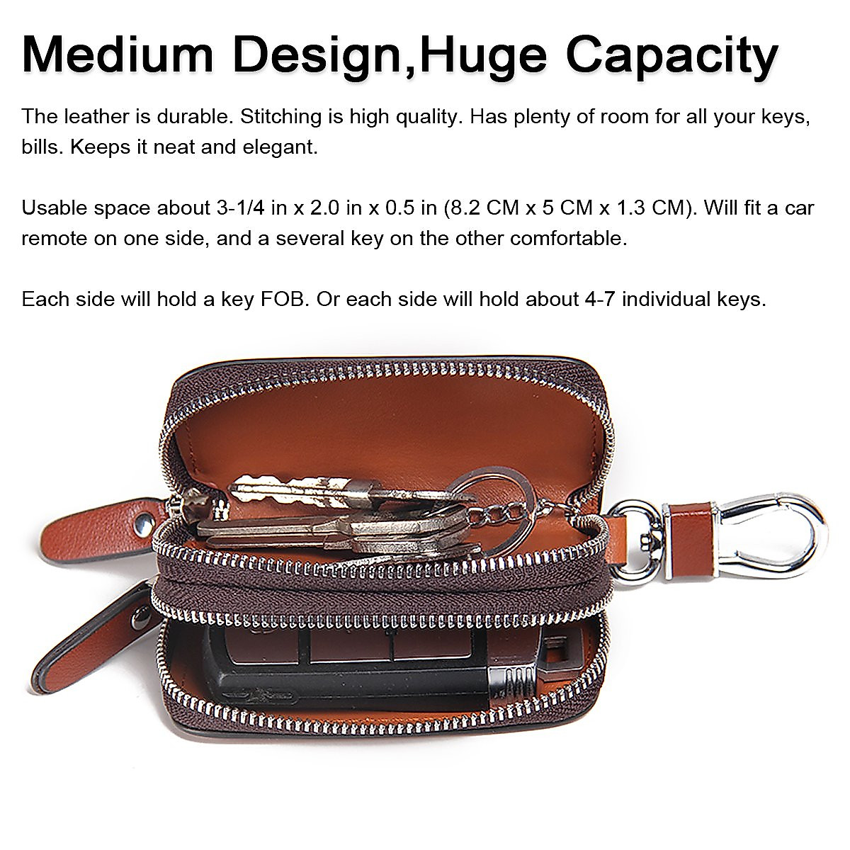 Contacts-Genuine Leather Car Key Keychain Holder Metal Hook and Keyring Zipper