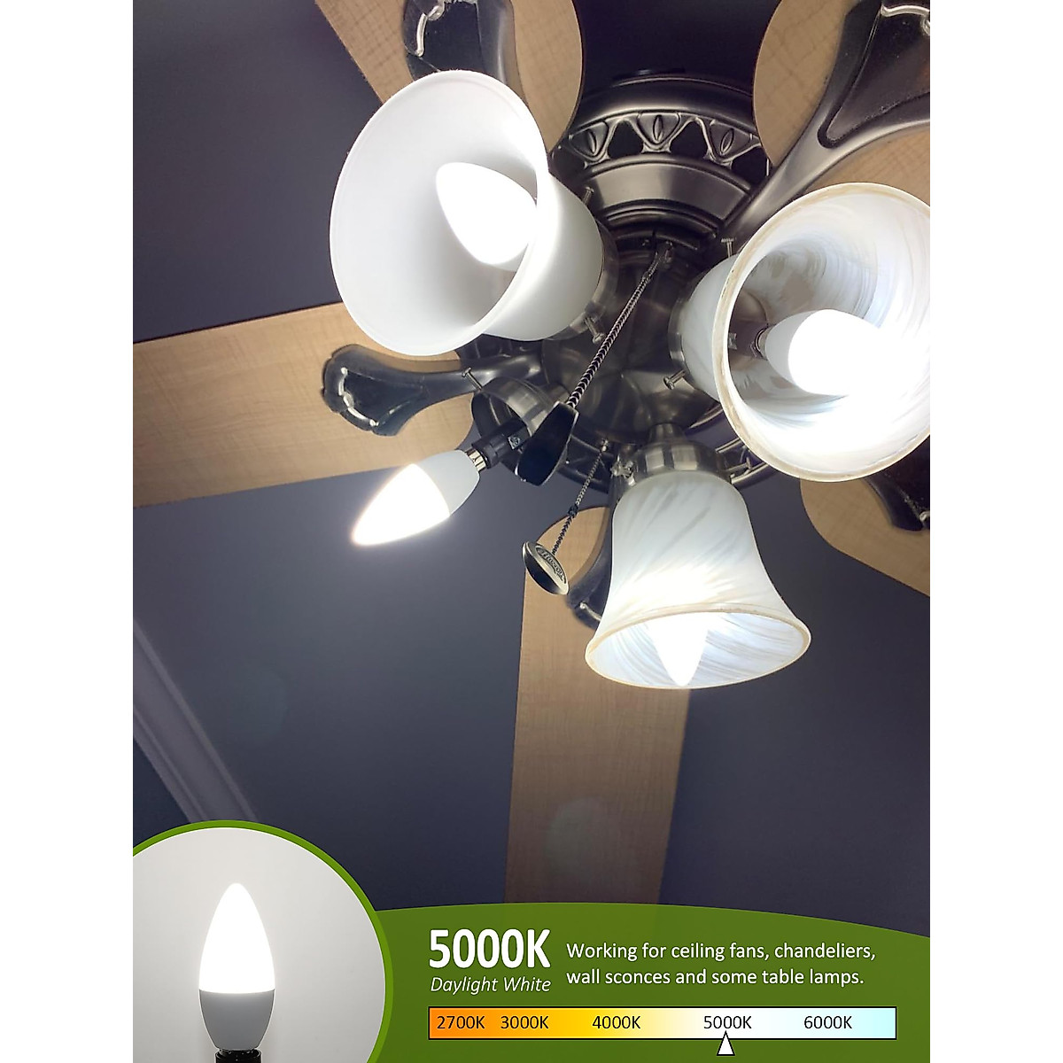 GIOVAR 4Pack LED Celing Fan Light Bulbs 60 Watt, Daylight 5000K, E12 Candelabra Bulb Base Socket, 120V, Type B, Non-Dimmable