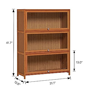 MoNiBloom Bamboo Bookshelf with Acrylic Doors 3 Tier Freestanding Bookcase Storage Stand for Living Room Office Bedroom, Brown