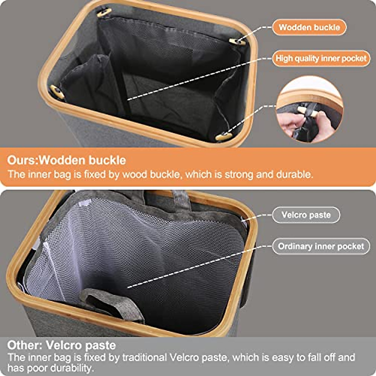 Bienvoun Laundry Basket with lid - 110L Large Waterproof Collapsible Clothes Laundry Hamper with Bamboo Handles for Clothes, Toys in Bedroom, dorm room and laundry room (Gray)