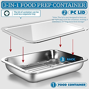 WAGENSTEIGER Stainless Steel Food Prep Container Set with Rack & Transparent Lid, Buffet Party Pan, Catering Pan, For Resting Meats & Oven Roasting, Marinating & Deep-Frying Prep Tools