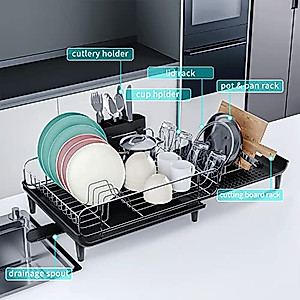 JINGFU Dish Drying Rack - Stainless Steel Dish Racks for Kitchen Counter, Large Dish Drying Rack with Drainboard, Dish drainers for Kitchen Counter,Expandable Dish Rack for Cups, Cutlery, Pot&lid