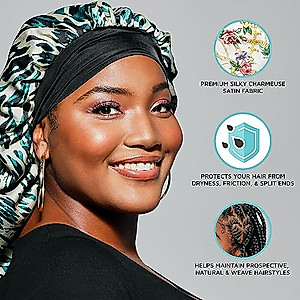 KISS COLORS & CARE Reversible Hair Bonnet Super Jumbo - Floral Design, Luxurious Satin & Breathable Material for Hair Protection from Dryness, Friction & Split Ends Overnight - for All Hair Types