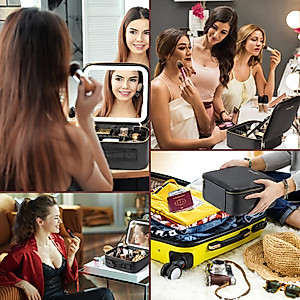 Extrei Gent Makeup Travel Train Case with Mirror LED Light 3 Adjustable Brightness Cosmetic Bag Portable Storage Adjustable Partition Waterproof Brushes Makeup Jewelry Gift for Women, Black