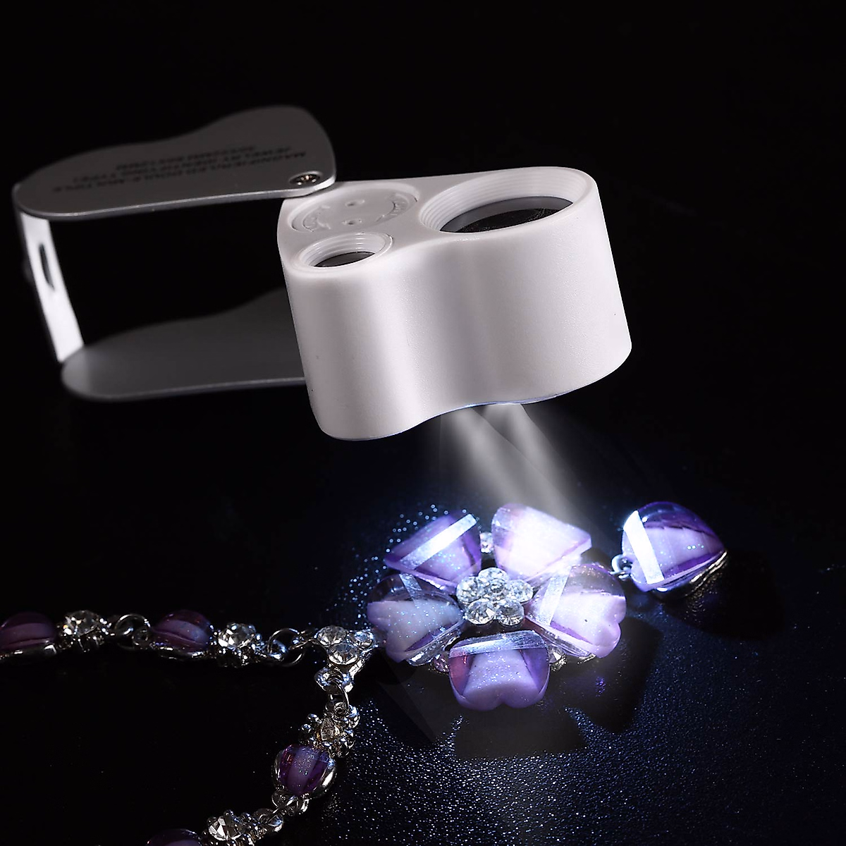 Jiusion Portable Lighted LED Illuminated Jewelry Magnifier 30X 60X Wearable Handheld Dual Lens Eye Loupe Magnifying Glasses Micro Microscope with Keychain and Lanyard