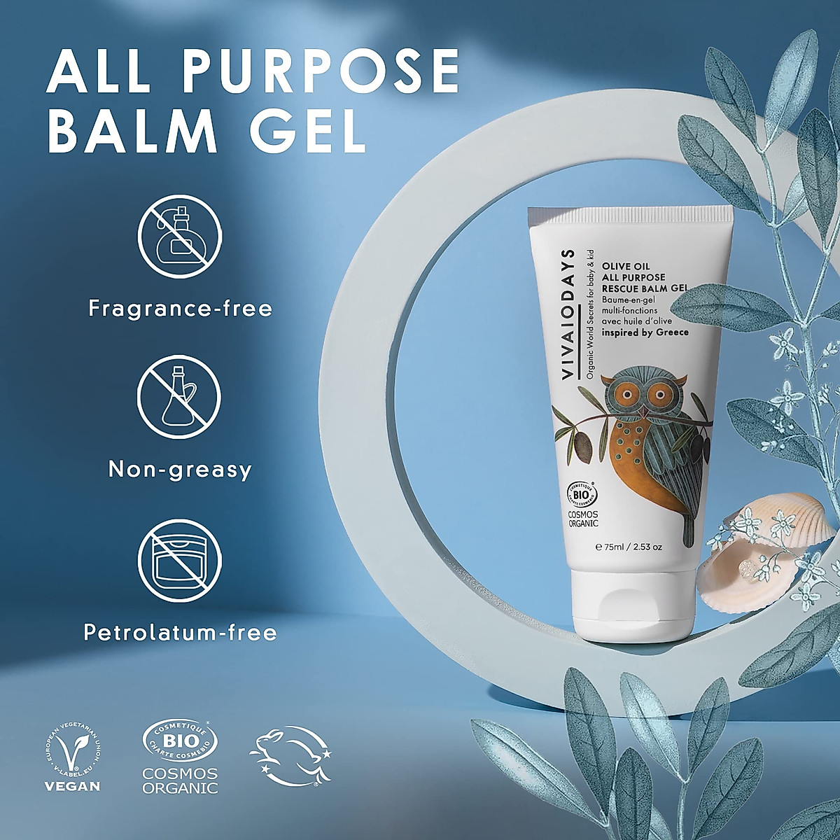 VIVAIODAYS - Olive Oil Rescue Balm Gel to Soothe Skin, Prevent Diaper Rash & Relieve Eczema, Gel Moisturizer for Face, 100% Natural, 96.8% Organic, COSMOS ORGANIC Certified, Safe for All Ages, 75 ml