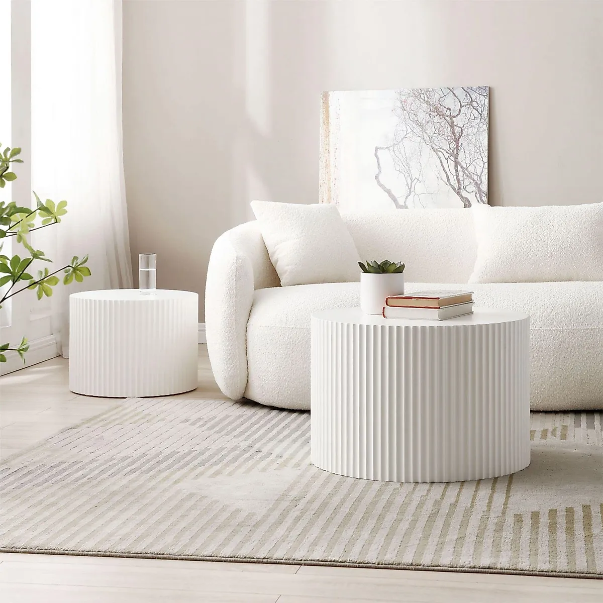 KEVINSPACE Round Coffee Table Set of 2 Nesting CoffeeTable Modern for Living Room, Round End TableSet, Wooden Circle Side Table No Need Assembly Accent Furniture for Bedroom Balcony Lounge White