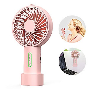 IPOW Mini Handheld Fan Personal Portable Fan 3 Speed Adjustable Angle Removable Base Lanyard USB Recharging Battery Operated Small Desk Cooling Face Fan for Home Camping Disney Travel Peach Pink