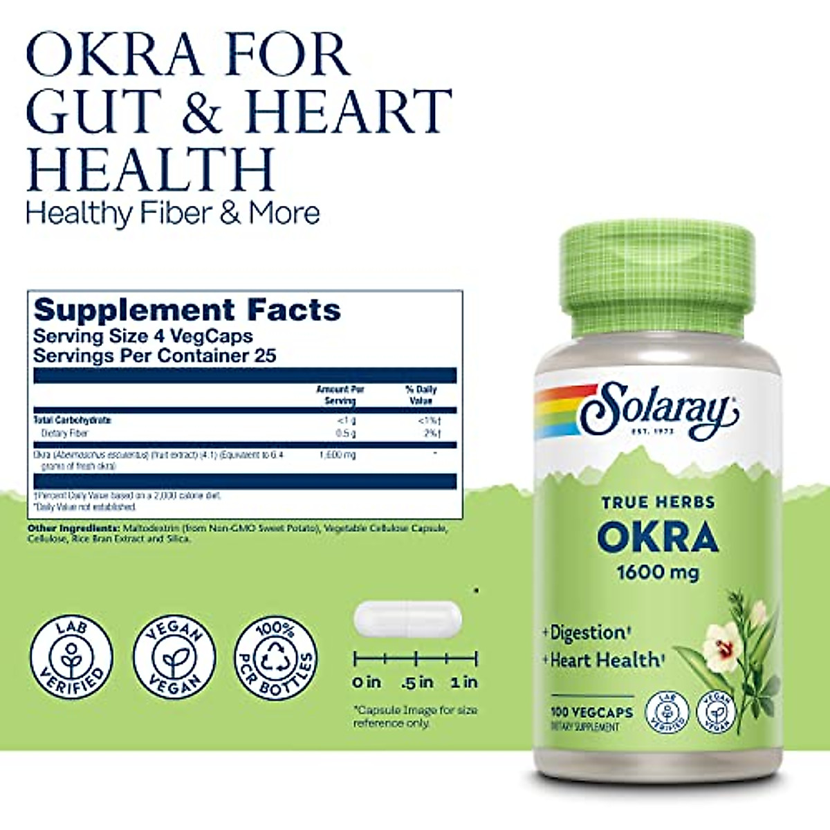 SOLARAY Okra Fruit 1600 mg, Healthy Digestion, Regularity & Cardiovascular Support, Soluble Fiber, 25 Serv, 100 VegCaps
