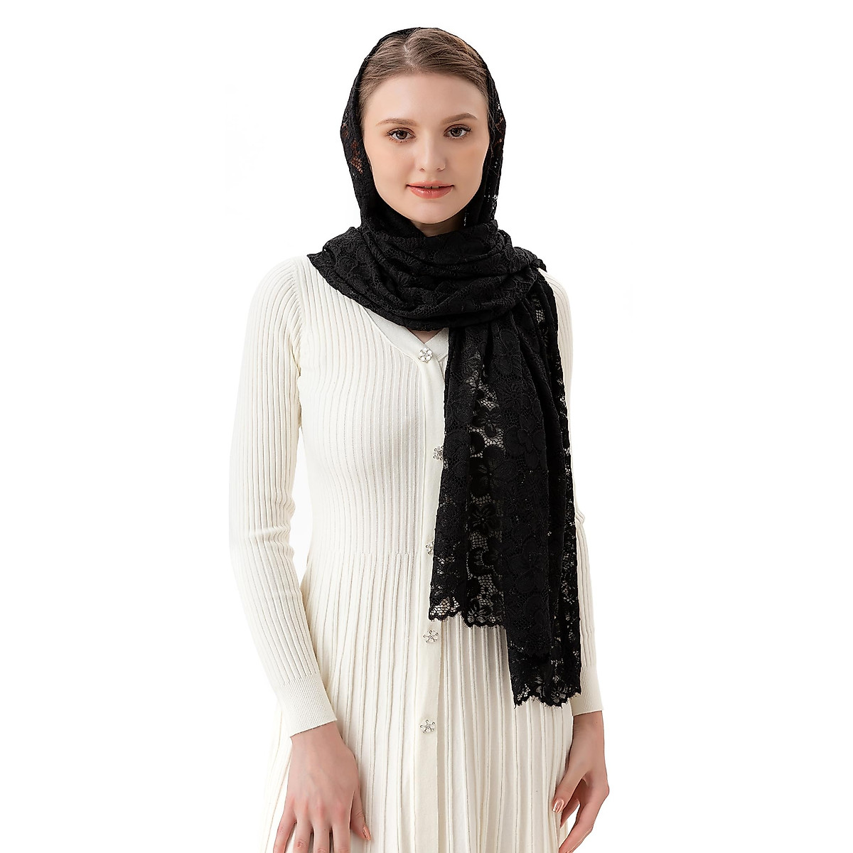 PAMOR Women Rectangular Chapel Veil Scarf Catholic Church Veils Mantilla Wrap Shawl Mass Head Covering (Black)