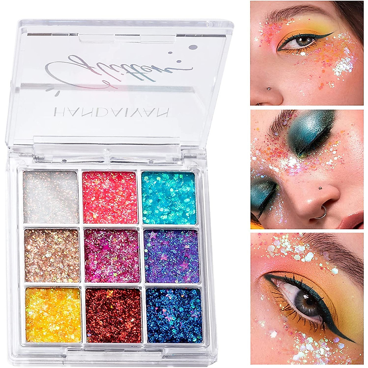 Glitter Eyeshadow Palette Makeup 9 Colors Body Glitter Glue Gel Palette Colorful Shimmer Sparkle Eyeshadow Long Lasting Highly Pigmented Waterproof Professional Glitter Eyeshadow Rainbow Face Paint