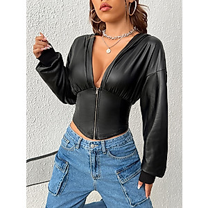 WDIRARA Women's PU Leather Ruched Zip Up Hoodie Long Sleeve Drop Shoulder Crop Jacket Black XS