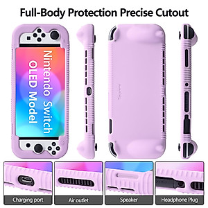 Teyomi Silicone Case for Nintendo Switch OLED with 2 Game Cards Slots, [Kids Friendly] Shockproof Protective Cover with Tempered Glass Screen Protector, Ergonomic Grip Case for Switch OLED, Purple