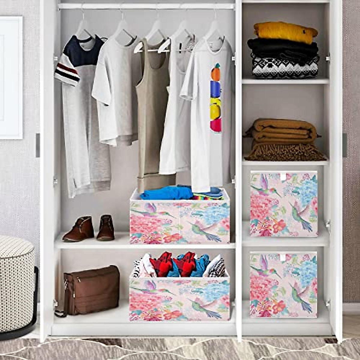Kigai Tropical Flowers Hummingbirds Open Home Storage Bins, for Home Organization and Storage, Toy Storage Cube, Collapsible Closet Storage Bins, with Small Handles, 11.02"L x 11.02"W x 11.02"H