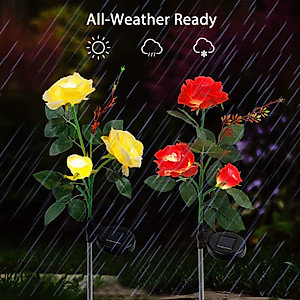 FORUP 2 Pack Solar Garden Stake Lights, Outdoor Solar Rose Flower Lights with 6 Rose Flowers, LED Rose Solar Powered Lights for Patio, Lawn, Garden, Yard Decoration (Red & Yellow)
