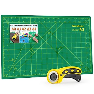WORKLION 12" x 18" Art Self Healing PVC Cutting Mat and 45mm Rotary Cutter Set: Ergonomic Rotary Cutter with Safety Lock and 2 Replacement Rotary Cutter Blades for Sewing Quilting Scrapbooking and Art