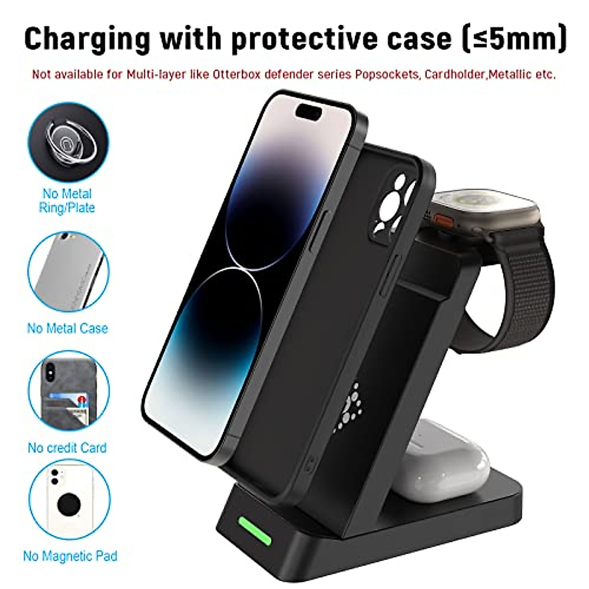 Wireless Charging Station, 3 in 1 Wireless Charger for Apple Watch 8/Ultra/7/SE/6/5/4/3/2, Fast Wireless Charging Stand Dock for iPhone 14/13/12/11/Pro/Max/Plus/SE/XS/XR/X/8 Air-pods(with Adapter)