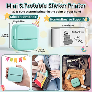 Mandizza Sticker Printer- M02L Pocket Printer with 6 Rolls Paper Thermal Mini Printer Portable Printer for Printing Photos, Study Notes, Scrapbook, Journal, Birthday, Green