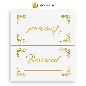 Reserved Table Sign Gold - 20 Pack - Gold Foil Hot Stamp, Reserved Signs Wedding, VIP Place Cards, Double Sides, Place Cards Double Sides (Reserved Cards 6)