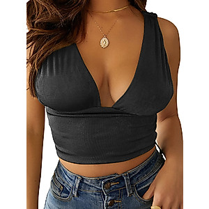 LYANER Women's Sexy Deep V Neck Slim Fitted Strap Crop Cami Tank Sleeveless Top Black Small