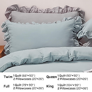 Rvciby Ruffle Duvet Cover Queen Size,Soft and Breathable Washed Microfiber Bedding Set,3 Pieces,1 Duvet Cover with Zipper Closure & Corner Ties and 2 Pillow Shams,90 X 90 Inches (Queen,Blue)