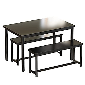 AWQM Dining Table Set for 4, Kitchen Table Set with 2 Benches, 47.2Inch 3-Piece Dining Room Table Set with Metal Frame and MDF Board, Sturdy Structure, Space-Saving, Black