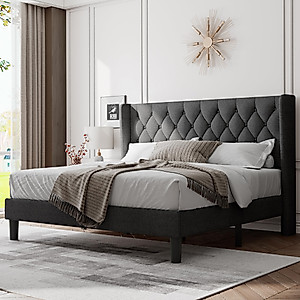 Feonase King Size Bed Frame with Wingback, Upholstered Platform Bed with Diamond Tufted Headboard, Heavy Duty Bed Frame, Wood Slat, Easy Assembly, Noise-Free, No Box Spring Needed, Dark Gray