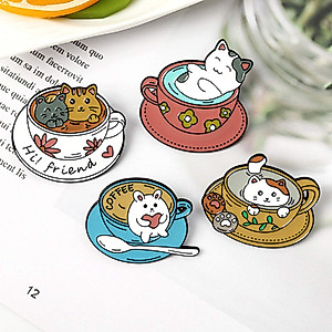 ink2055 Cartoon Cat Coffee Cup Brooch Bag Hats Lapel Enamel Paint Pin Garment Badge Gift,Vintage Fashion Brooch Pins for Women Teen Girls Crafts Gift - 2