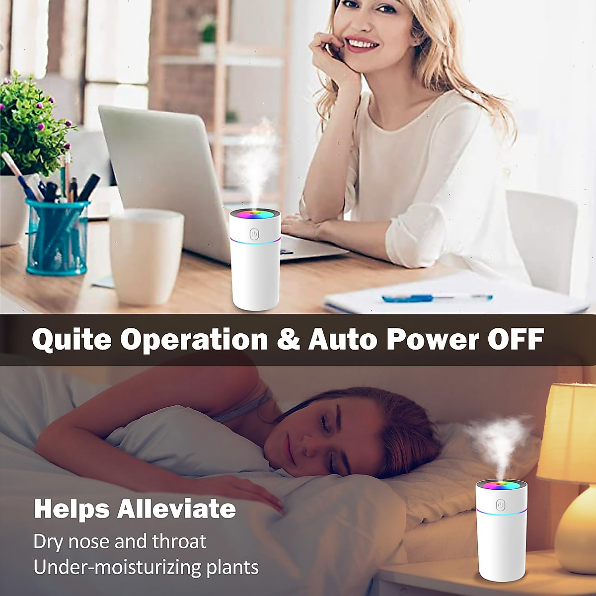 Portable Mini Humidifier with 7-color Lights, Cool Mist Small Desk Humidifiers Car Humidifier [2 Mist Modes] USB Personal Desktop Humidifiers for Bedroom, Office, Travel, Car, Plants, Super Quiet