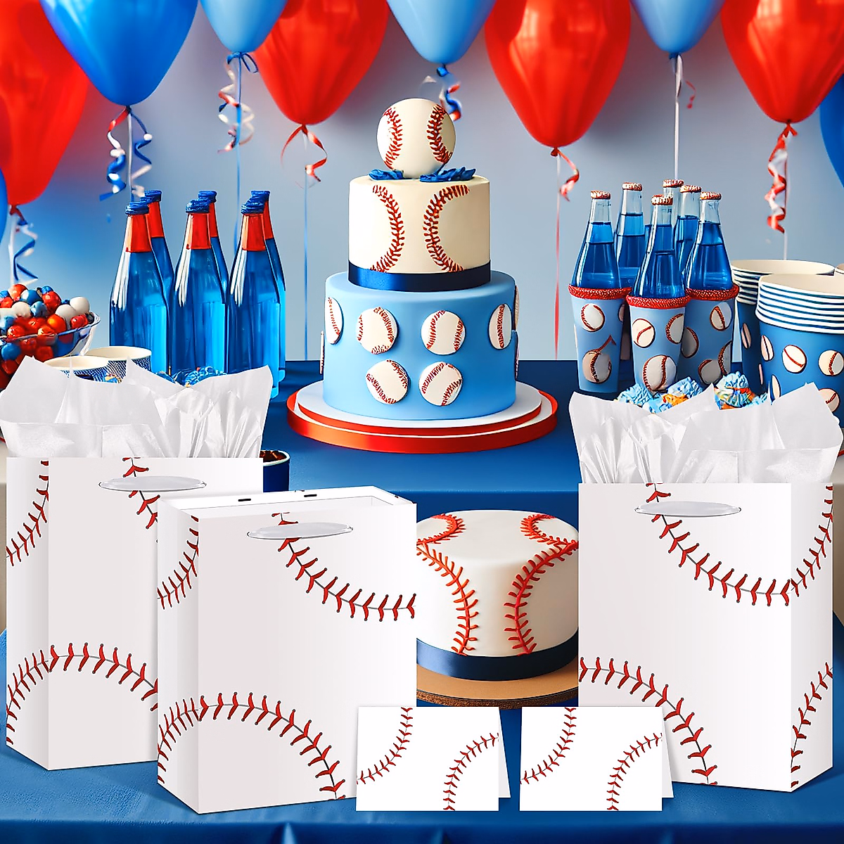 Baseball Party Gift Bag, Large White Baseball Gift Wrap Bags with Tissue Paper Greeting Card Decorations for Sport Party Favor Baseball Birthday Goodie Gifts Wrapping Bags for Kids Teens Team Supplies