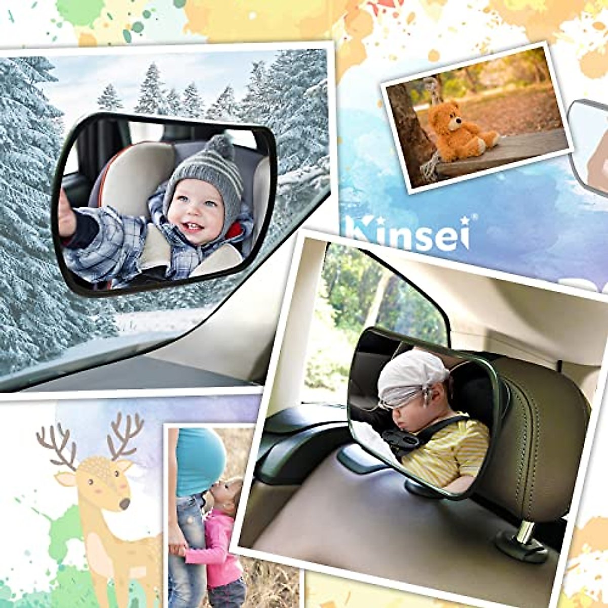 KINSEI Baby Car Mirror - Rear View Baby Car Back Seat Mirror - Child Observation Mirror Wide Convex and Shatterproof - 2 way of Connection Suitable for both Rear-facing and Forward-facing