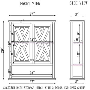 Alaterre Furniture Coventry Wall Mounted Bath Storage Cabinet with Two Doors and Open Shelf - White - 27" W x 29" H - Adjustable Interior Shelf - Bathroom Organizer and Space Saver