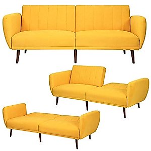 Giantex Foldable Futon Sofa Bed, Convertible Sofa Couch Upholstered Futon Sleeper Sofa, 3-Level Angle Adjustable, Pull Out Futon Bed Ideal for Compact Living Room Apartment, Dorm (Yellow)