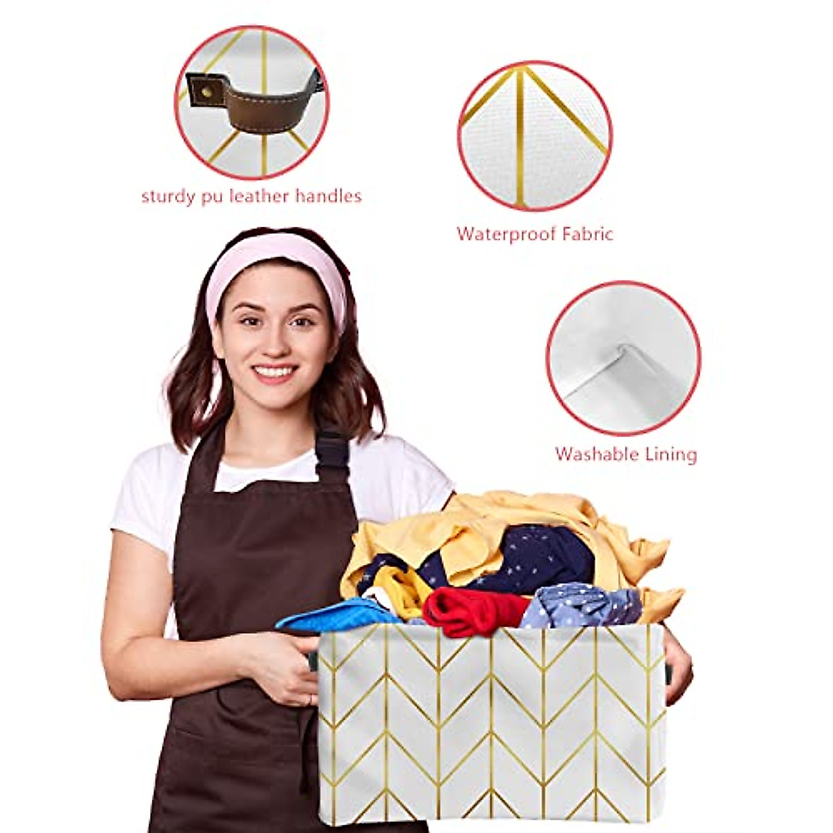 Storage Baskets for Organizing, Toy Box Chest Modern Herringbone Geometric White and Gold Foldable Cube Storage Bin with 2 Leather Handles Set of 1