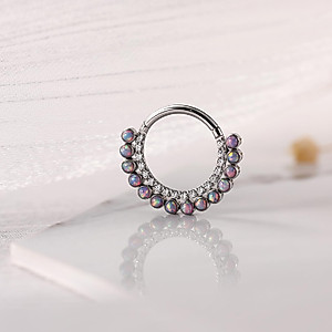 Septum Jewelry 16G Daith Earrings Surgical Steel Purple Opal Septum Rings Silver Nose Ring Hoop Opal Septum Clicker Ring Daith Piercing Jewelry Rook Helix Tragus Conch Cartilage Hoop Earrings 10mm